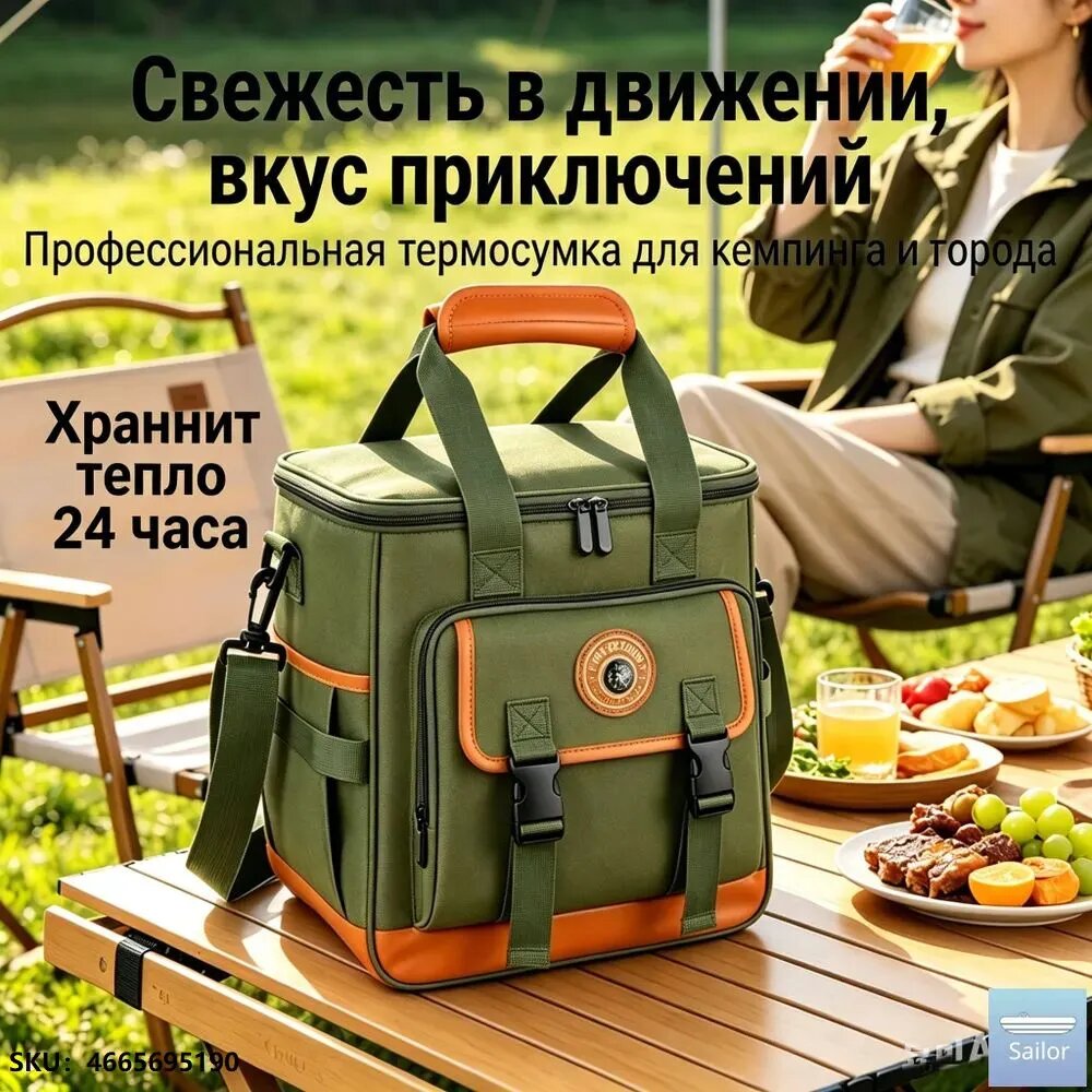 Термосумка-холодильник 16 литров бежевого цвета сохраняет температуру 24 часа