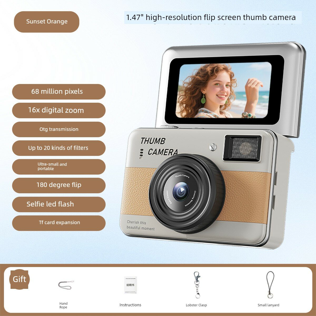 Мини-камера Y11 с поворотным экраном, светодиодным светом, фильтром для красоты, браслет-ключ, оранжевый, 128 ГБ,