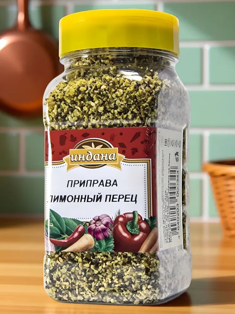 Приправа Лимонный перец 350 гр. соль морская перец черный лук репчатый чеснок сахар цедра лимона куркума ТМ "Индана" 500 мл.