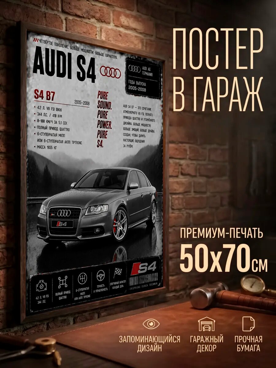 Постер на стену большой 50*70 без рамки авто Ауди S4 В7