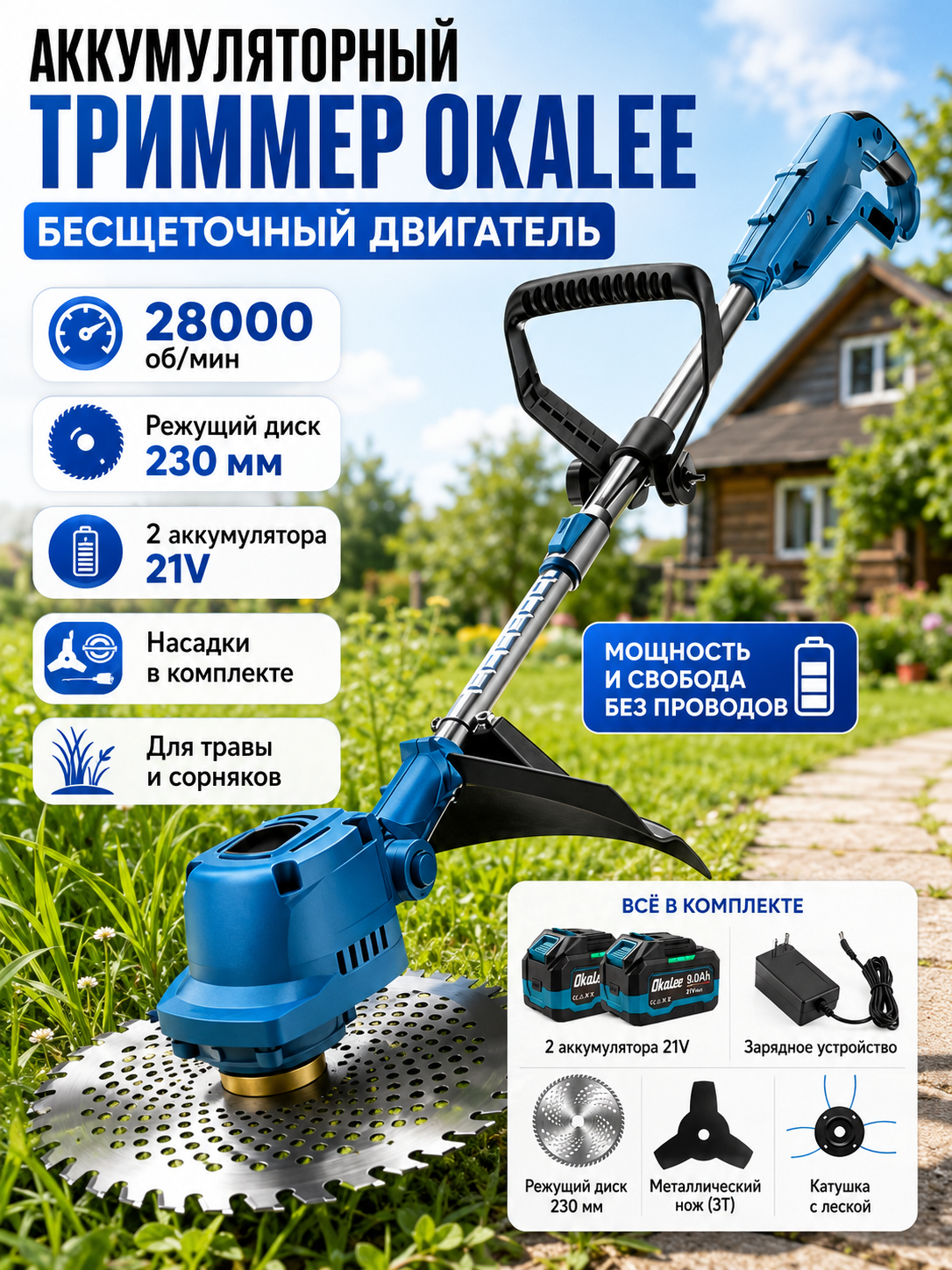 OKALEE аккумуляторный триммер 21 В, бесщёточный, 2 аккумулятора 9 А·ч, диск 230 мм