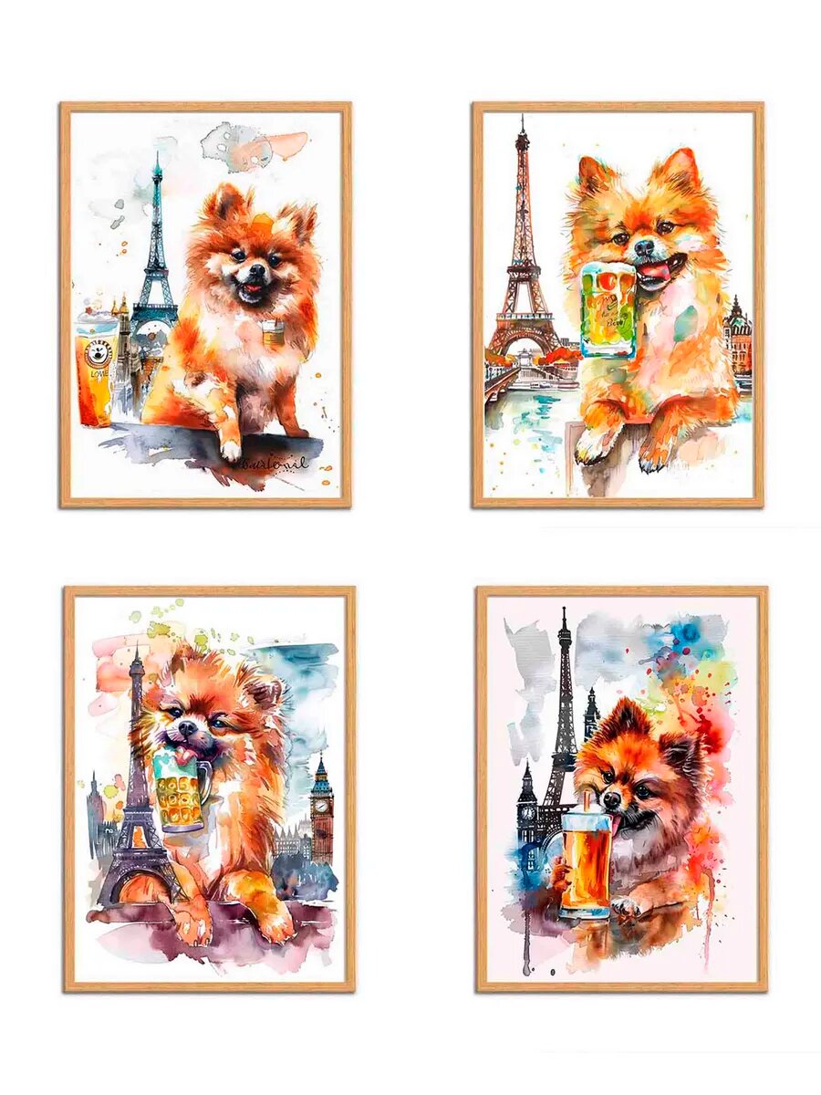 Померанский шпиц Пьет Пиво, 4 Плаката, 30x21см