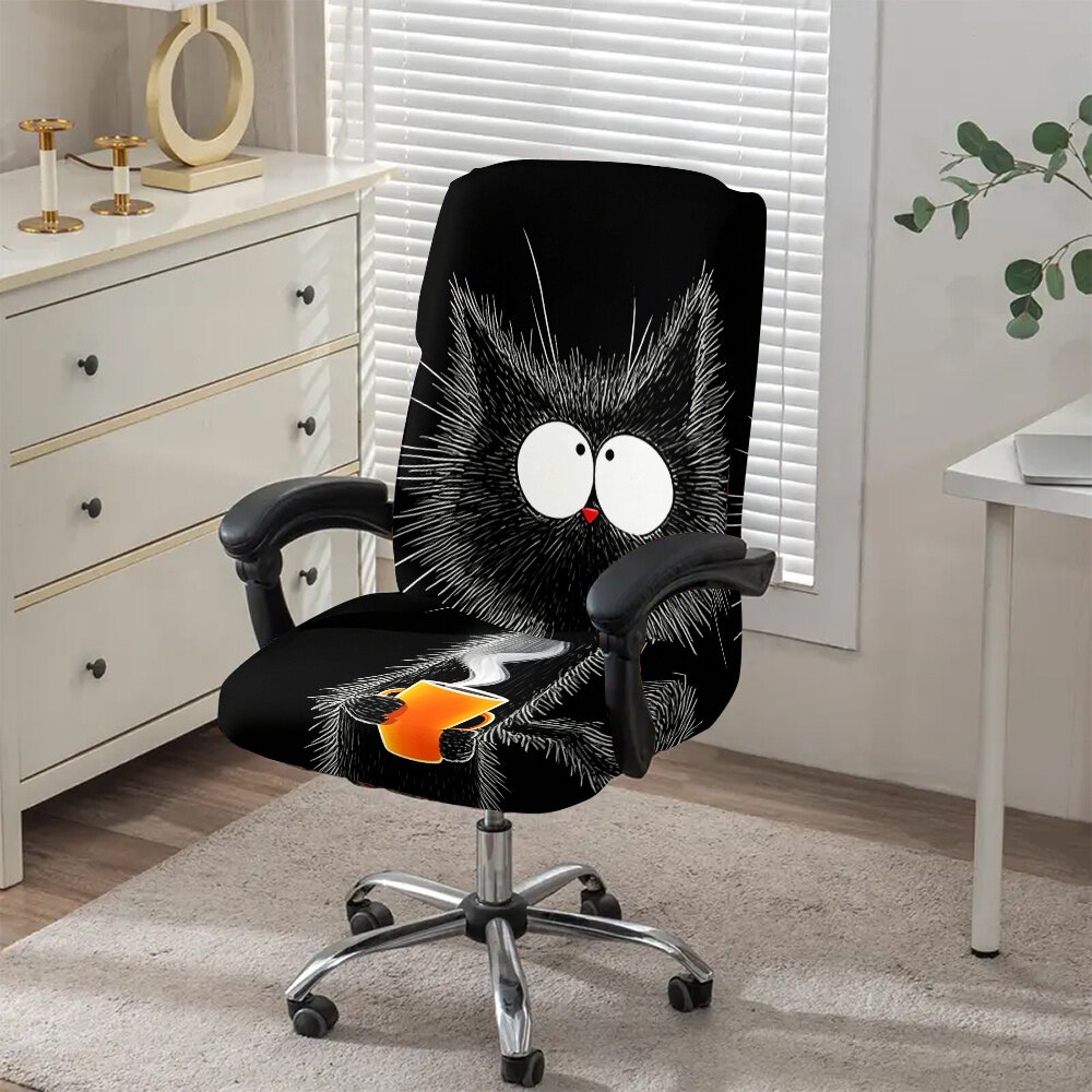 Чехол для офисного кресла с пушистым черным котом, из молочного волокна, эластичный, съемный, стираемый в машине, 1 шт. Подходит для офиса, спальни, игрового кресла. Подарок