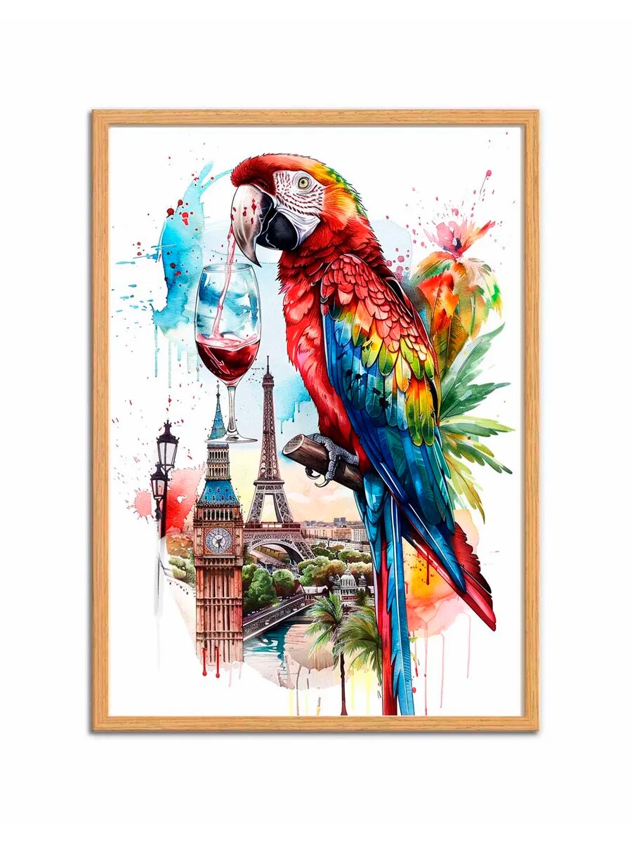 Птица Ара Пьет вино 1, Плакат 30x42см