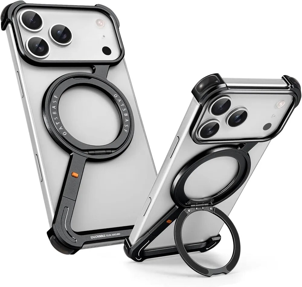 Минималистичный чехол OATSBASF для iPhone 17 Pro Max, вращающийся на 360, подставка, алюминиевый металлический чехол-бампер без рамки, черный