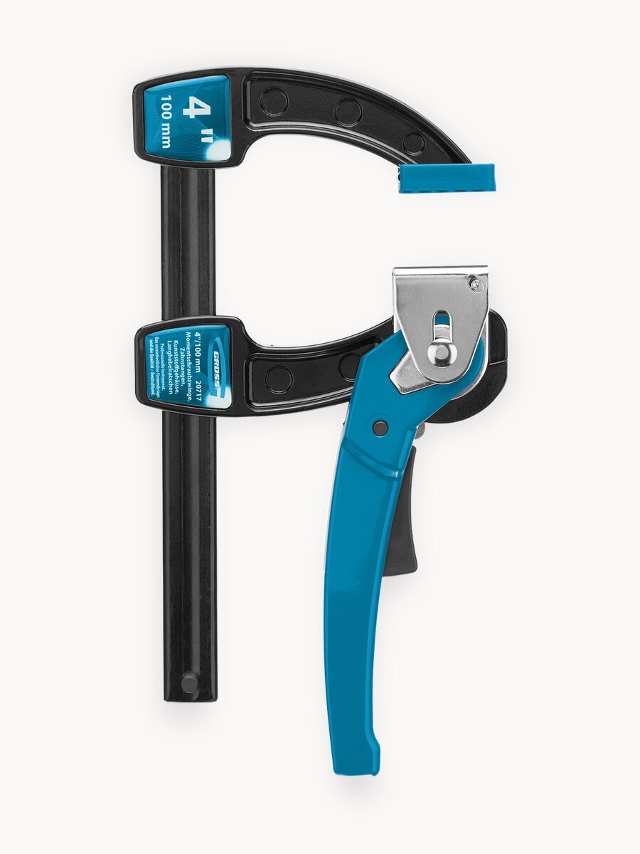 Струбцина быстрозажимная реечная Gross, 4"/100 мм, металлический корпус и рычажный храповый механизм, 20717