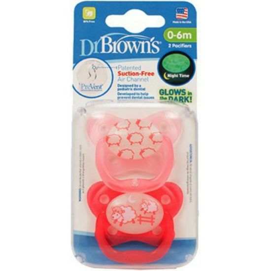 Пустышка для новорожденных 0 DR. BROWN'S, набор 2 шт, ночные, 0 - 6 месяцев, с колпачком (PA12003)
