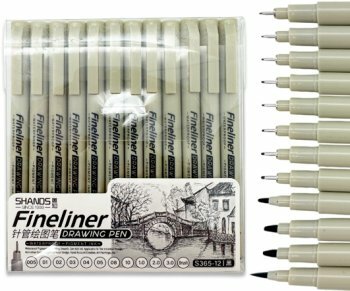 Линеры 12 шт. SHANDS DK-419 черные (0.05, 0.1, 0.2, 0.3, 0.4, 0.5, 0.8, 1.0, 1, 2, 3, кисть) с клипом, в уп. ПВХ S365-12