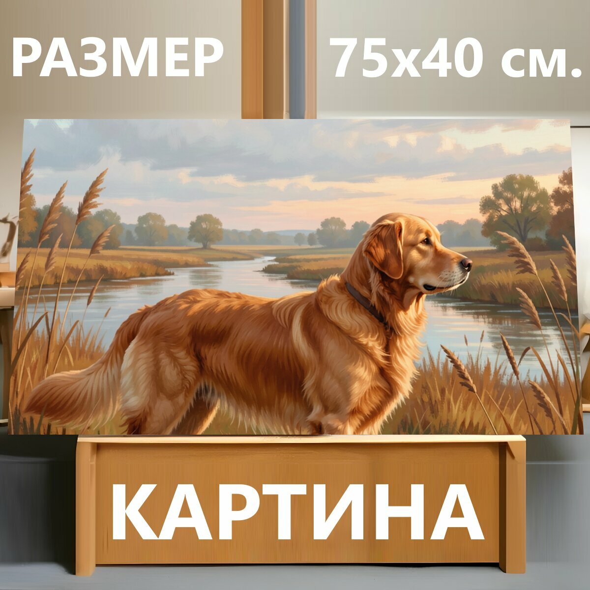 Картина на холсте "Ретривер у реки на закате. Реалистичная живопись: золотистая собака стоит на берегу тихой реки среди осоки и трав, вокруг." на подрамнике 75х40 см. для интерьера