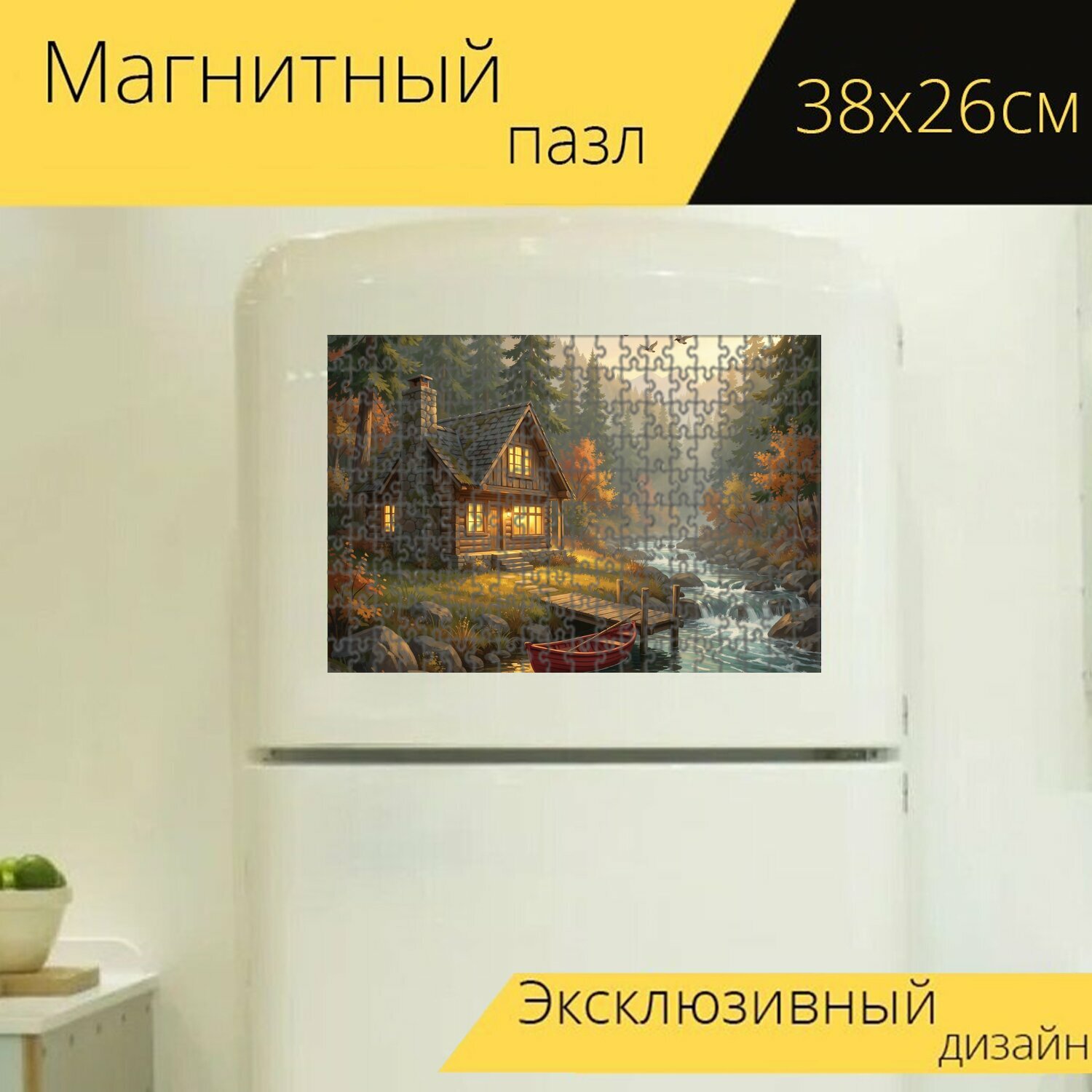 Магнитный пазл "Уютный дом у лесной реки. Сказочная деревня в еловом лесу: деревянный коттедж с тёплым светом, горный ручей с порогами, лодка у мостика." для интерьера, 38х26 см.