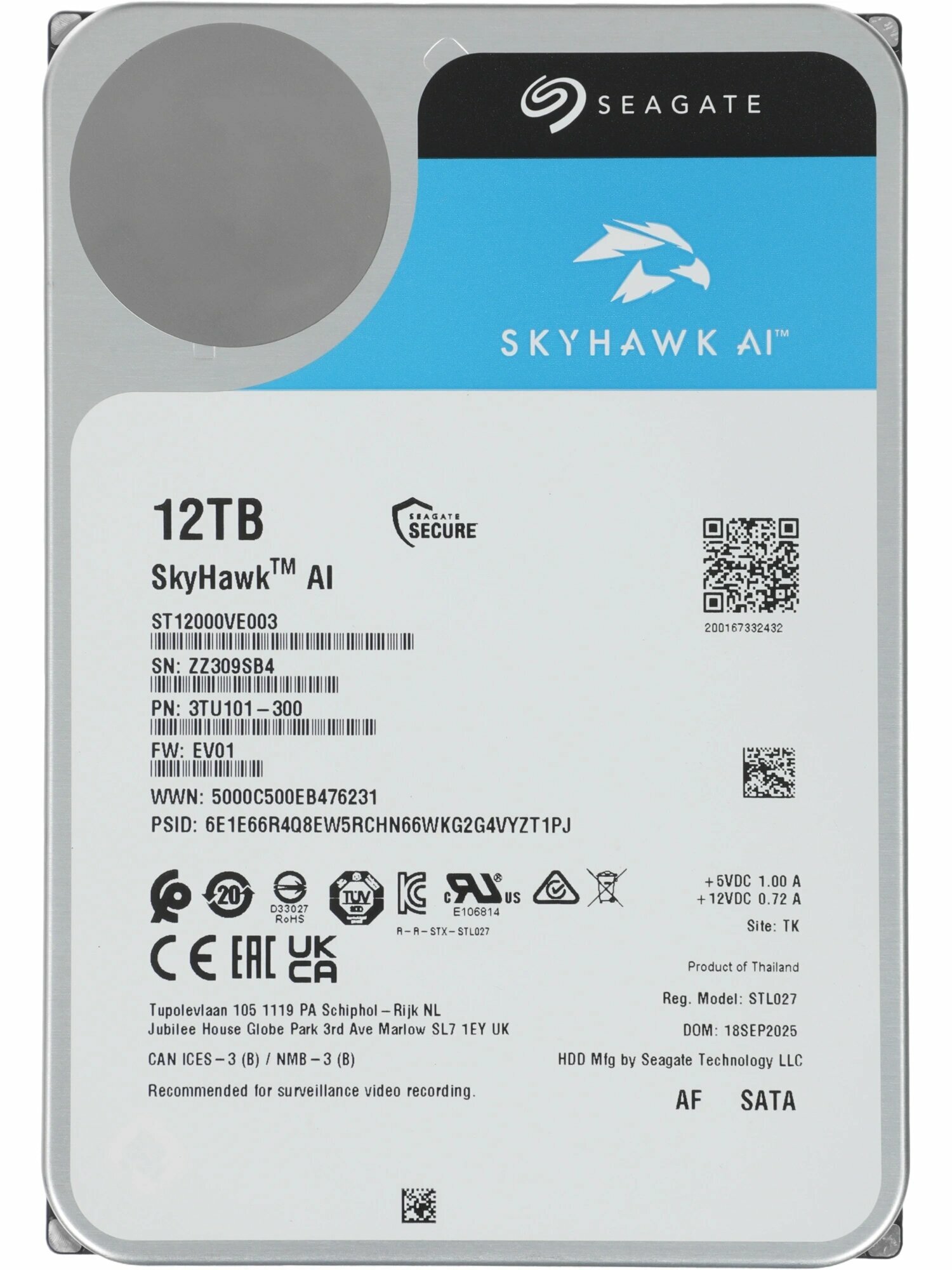 Жесткий диск 12TB Seagate SATA-III ST12000VE003 SkyHawkAI 7200rpm 3.5"