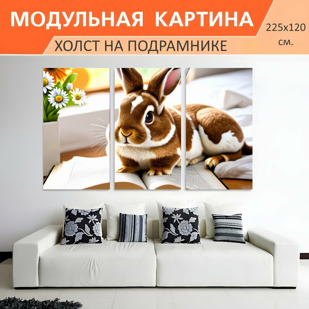 Модульная картина на холсте "Кролик с белыми и коричневыми пятнами лежит на раскрытой книге, на его теле и книге лежат ромашки, в." триптих на подрамнике 225х120 см. для интерьера