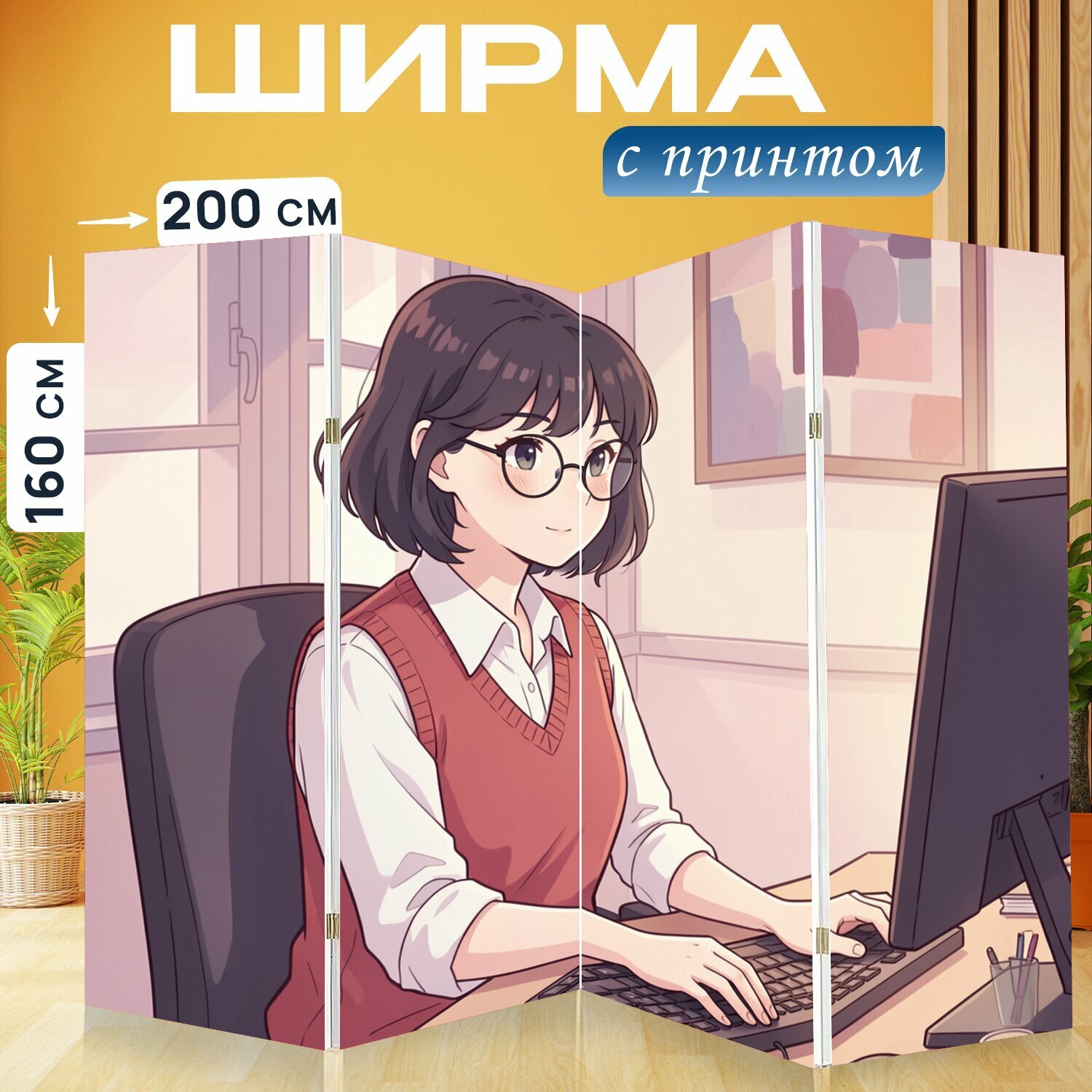 Ширма "Девушка за компьютером в офисе. Аниме-иллюстрация: юная сотрудница в очках печатает за рабочим столом." перегородка для зонирования комнаты с принтом 200x160 см. на холсте