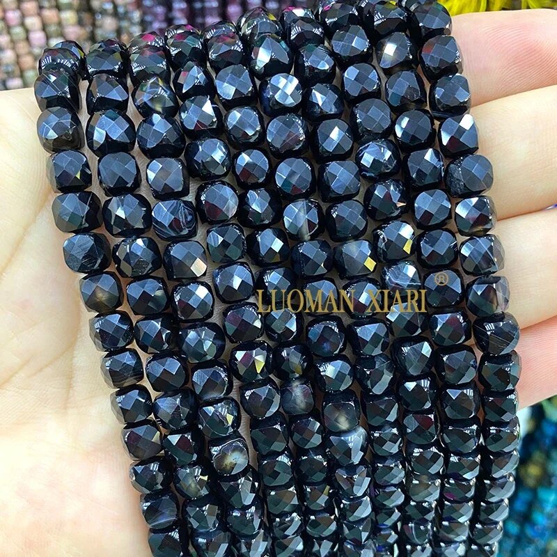 Рубиновые бусины из халцедона LUOMAN XIARI Черный, 7-8mm 44-46pcs, black agate