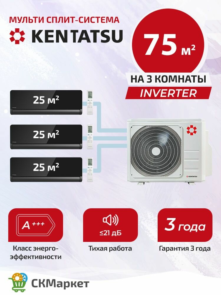 Стильная мульти сплит система кондиционер Kentatsu OMORI на 3 комнаты (25+25+25) KSGOM26HZRN1х3/ K3MRB60HZRN1, для помещений 75 кв. м.
