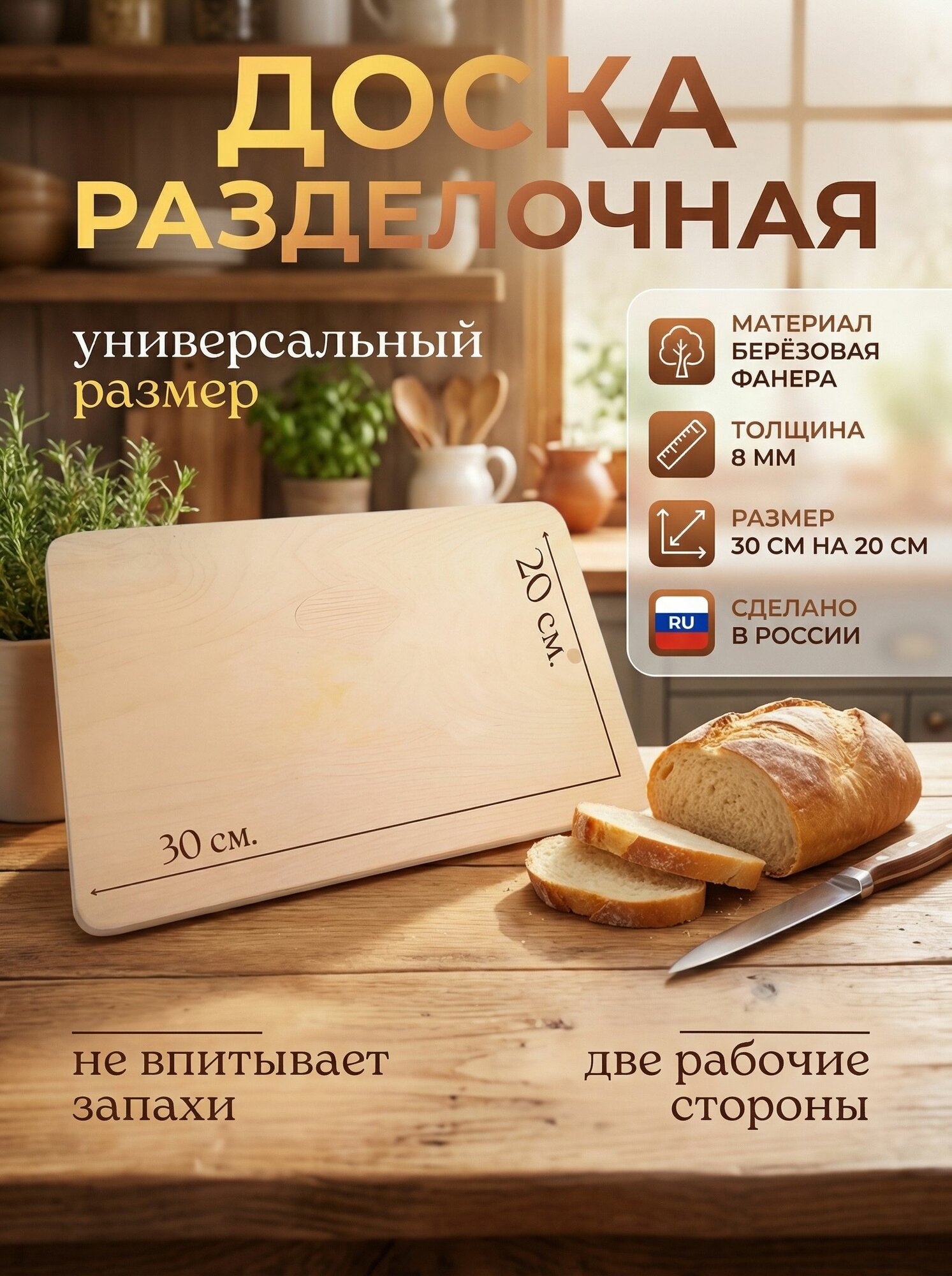 Доска разделочная деревянная для кухни, доска для нарезки овощей и мяса, 30х20