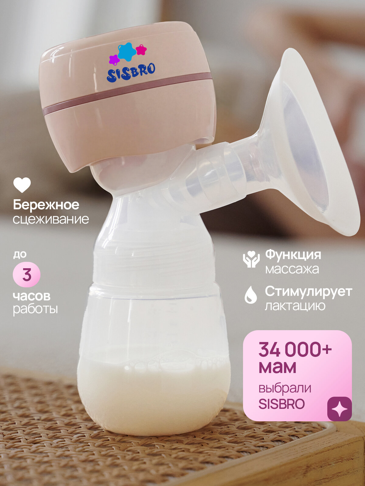 Молокоотсос электрический Sisbro, розовый, 3 режима, USB-зарядка