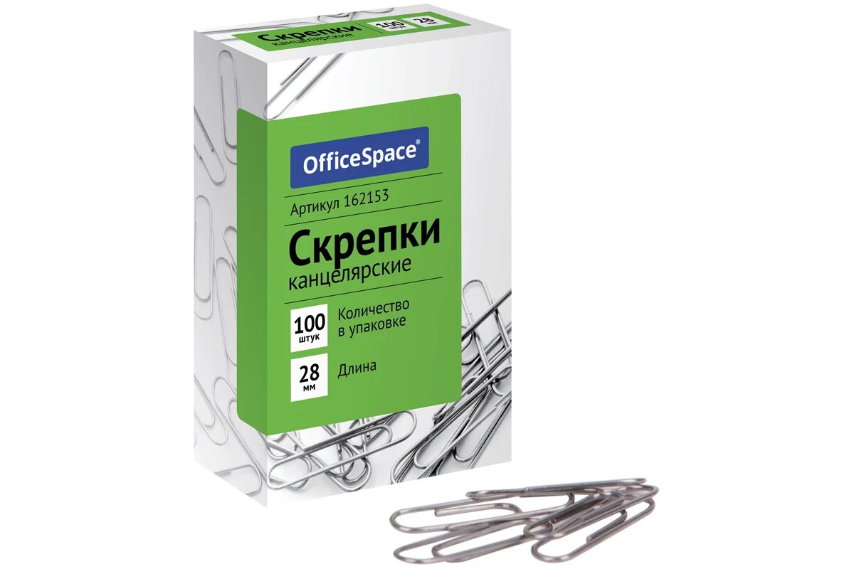 Скрепки OfficeSpace 28 мм серебристого цвета, металлические, 100 штук в картонной упаковке