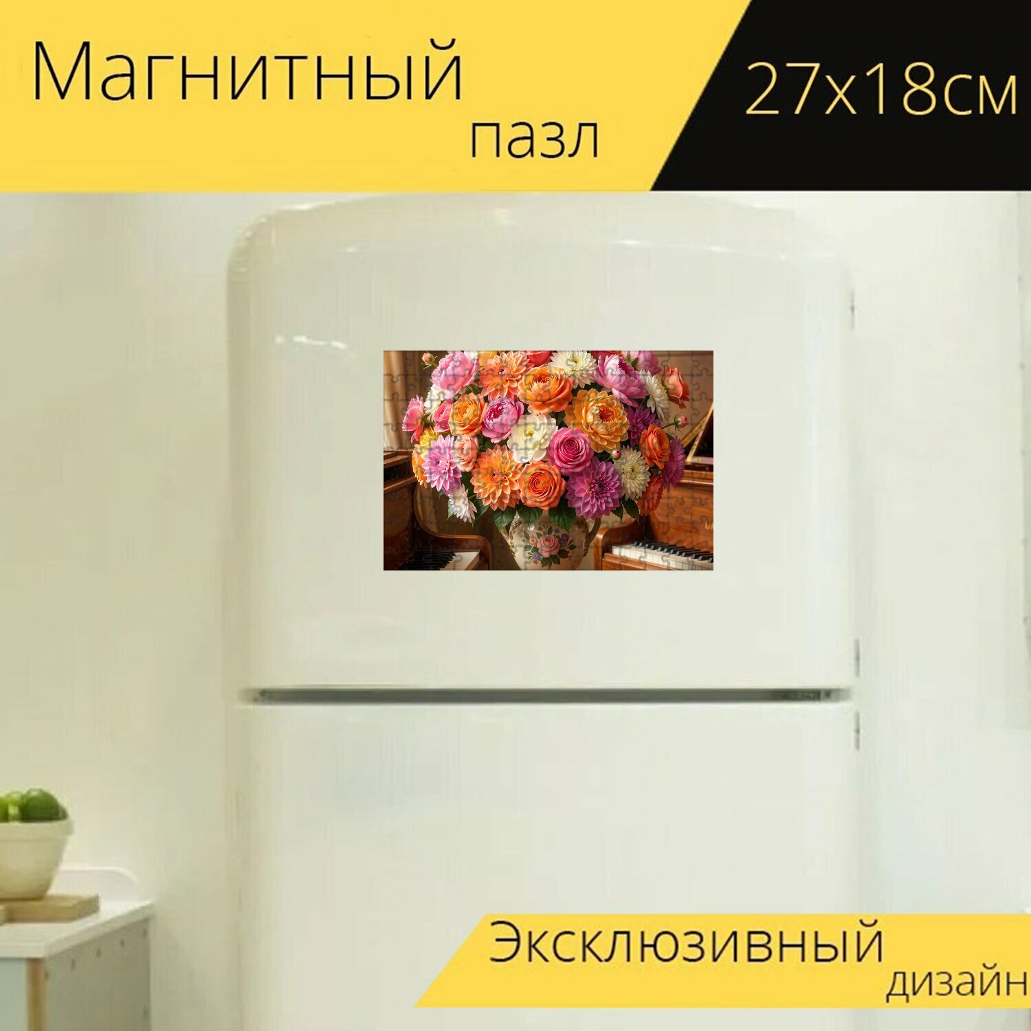 Магнитный пазл "Яркий букет в фарфоровой вазе. Пышная цветочная композиция в теплых розово-оранжевых и кремовых тонах, реалистичная живопись с мягким." на холодильник 27 x 18 см.