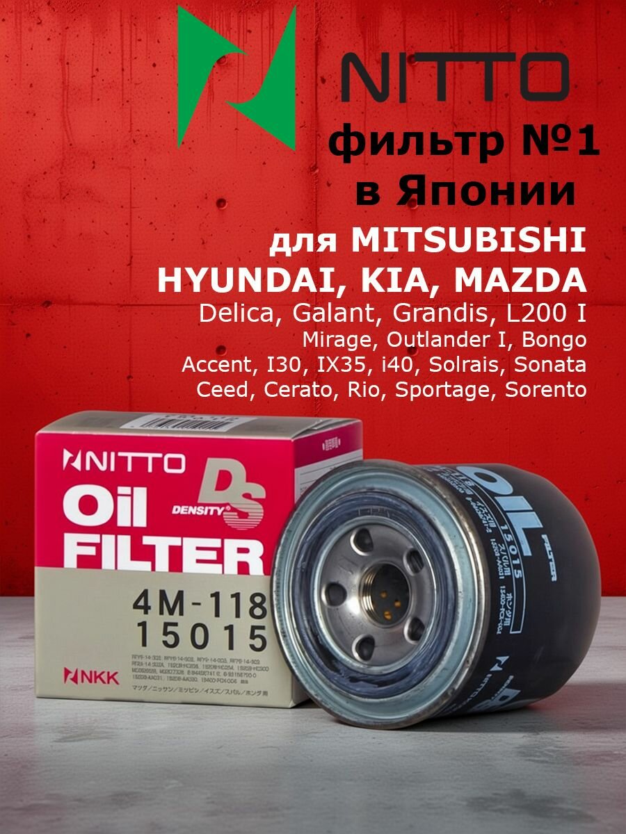 Фильтр масляный для Hyundai, Kia, Mitsubishi: Solaris, Rio, Creta, Accent, Elantra, Getz, ix35, Sportage, Sonata, i30, Ceed Cerato; i40; Pajero, Galant, Outlander I 02-06 Nitto 4M118