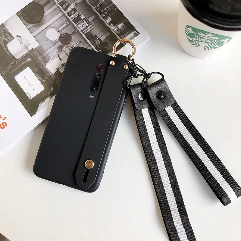 Черный силиконовый ударопрочный чехол для Redmi K20 Pro с браслетом и висячим шнуром
