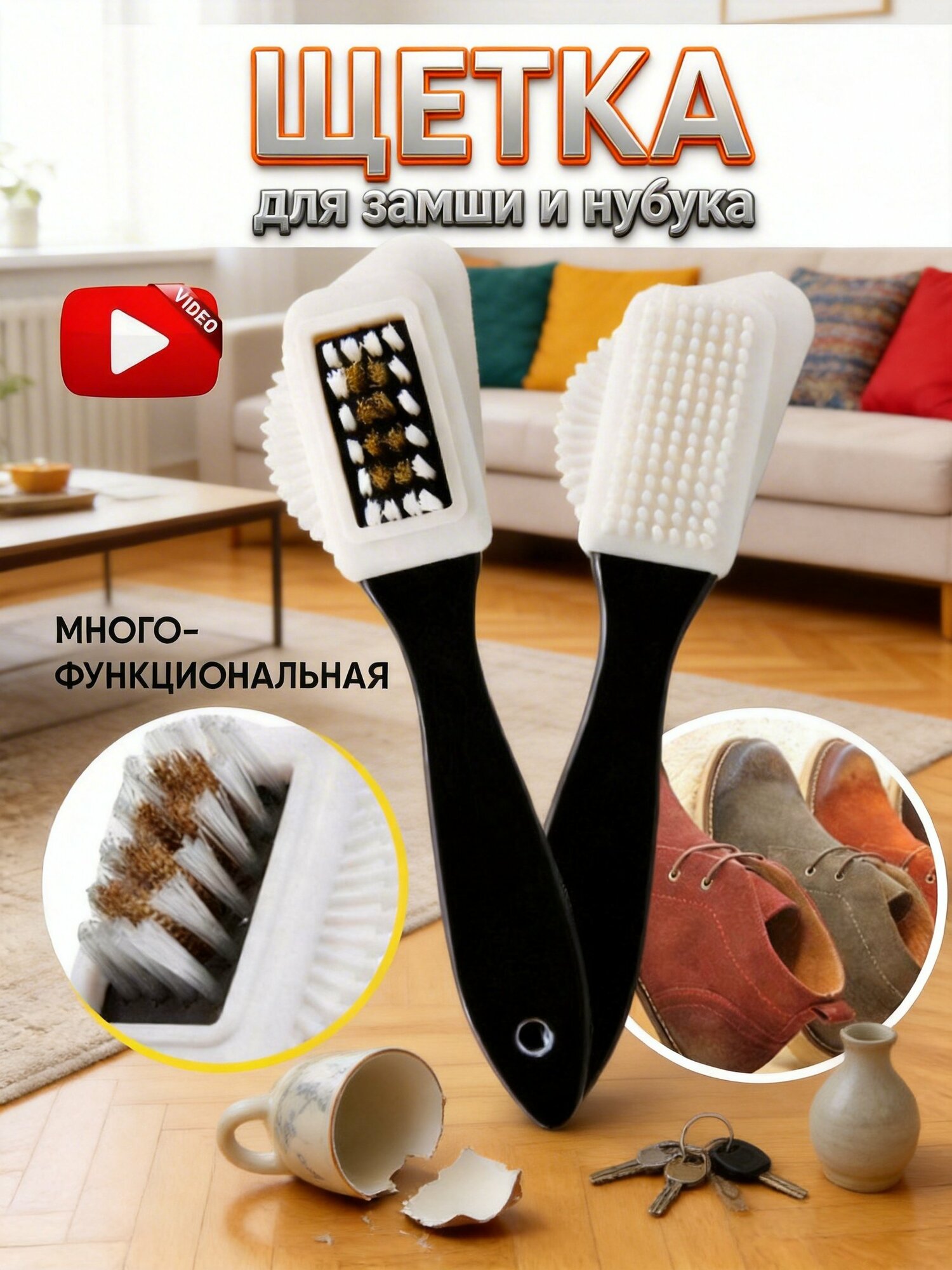 Щётка для чистки обуви из замши и нубука, 3 в 1 с нейлоновой и латунной щетиной и каучуковым ластиком для удаления пятен и ухода за швами
