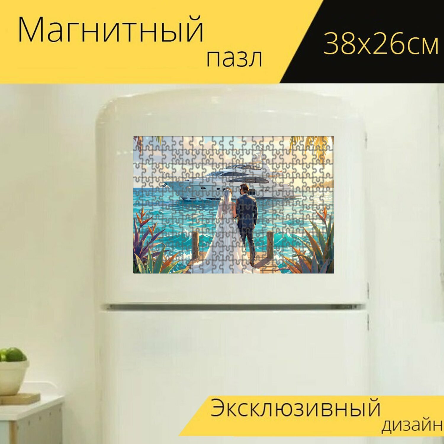 Магнитный пазл "Свадебная пара у яхты. Невеста в белом платье и жених на деревянном пирсе у роскошного катера в тропической лагуне. Романтичная цифровая." для интерьера, 38х26 см.
