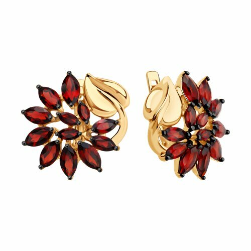 Серьги серебро, 925 проба, золочение, гранат, длина 2 см, , красный — фото 1