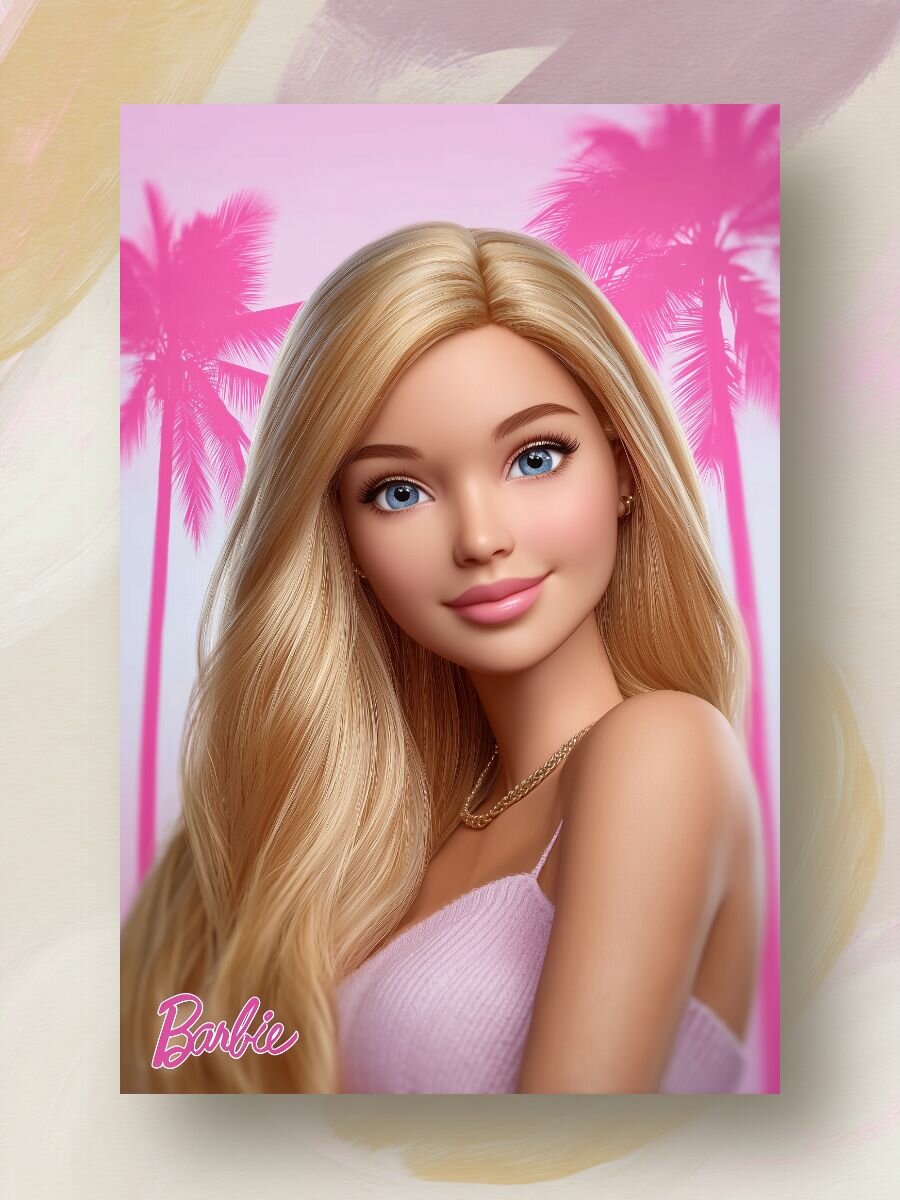 Картина на холсте 40х60 Элемент Принт, кукла Barbie, розовые пальмы, тропики, постер на стену, интерьерная картина в спальню, детскую