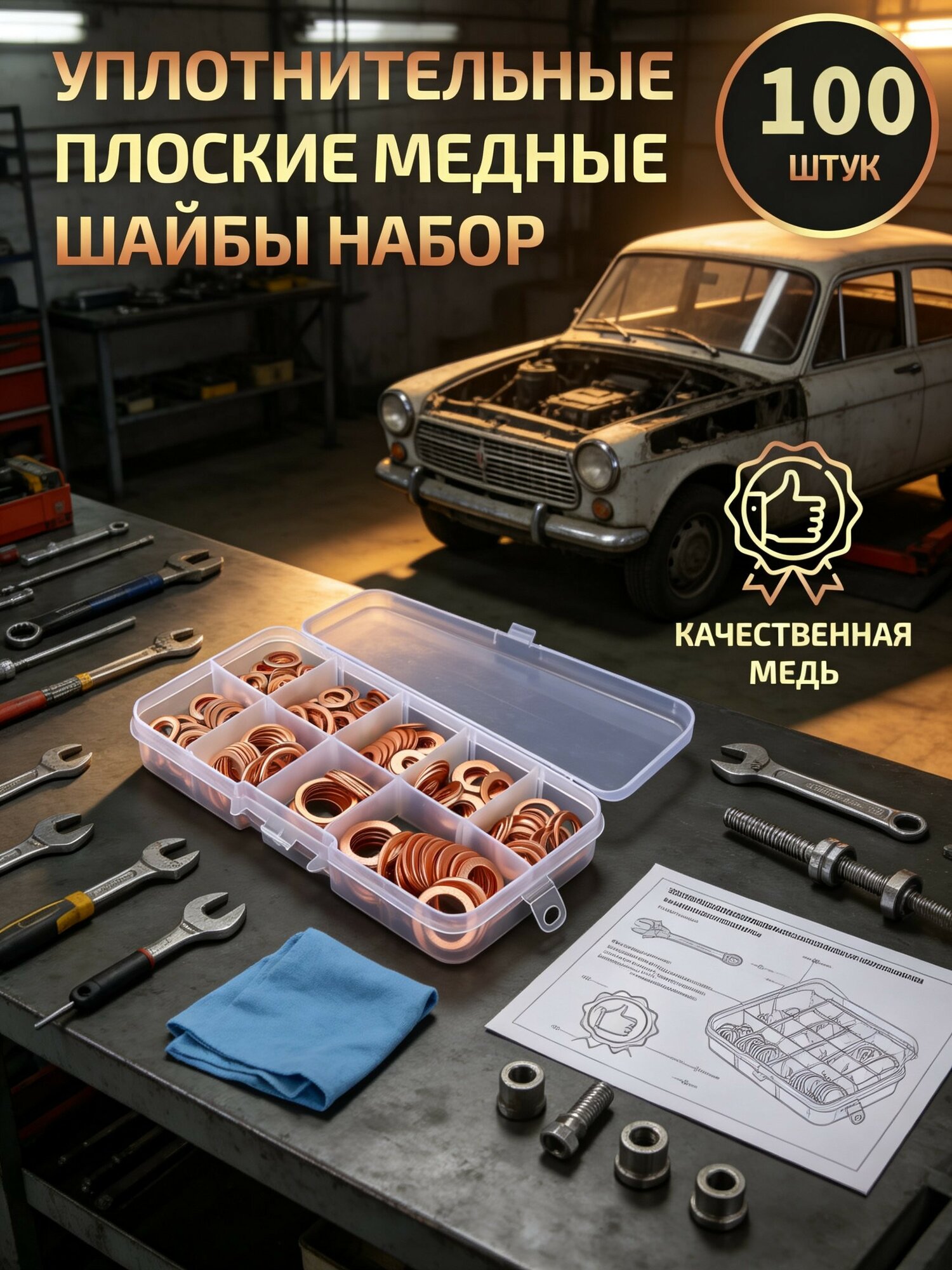 GEALFIS медные уплотнительные шайбы набор 100 шт, для топливных магистралей и гидравлических узлов квадроциклов и автомобилей с органайзером