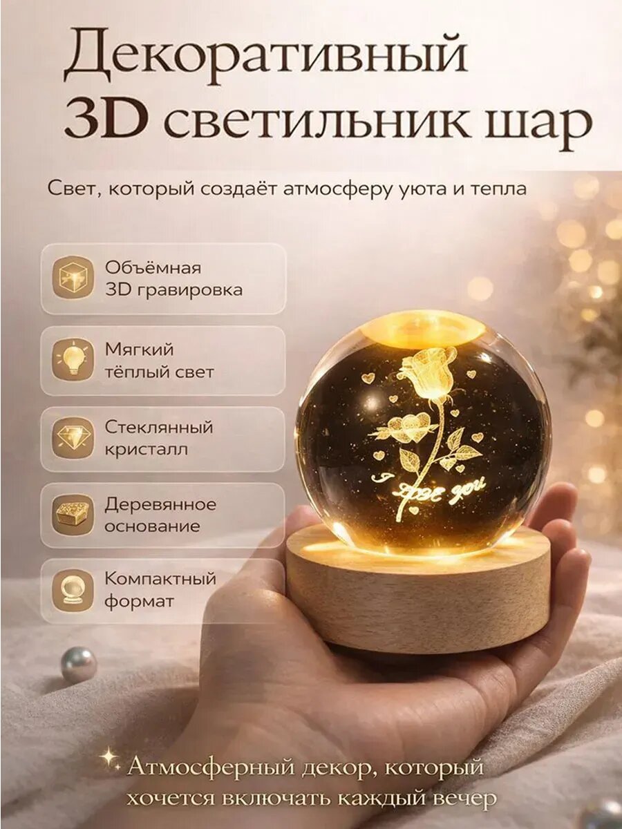 Детский ночник стеклянный шар с 3D гравировкой