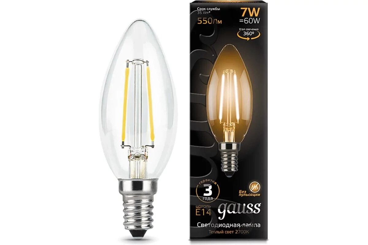 Лампа Gauss Filament Свеча Е14, 7 Вт, 550ЛМ, 2700К