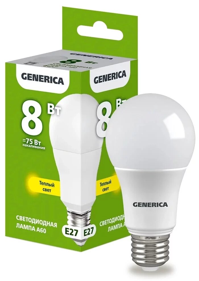 Лампа светодиодная IEK GENERICA Груша A60 E27, 8 Вт, 230В, 3000К