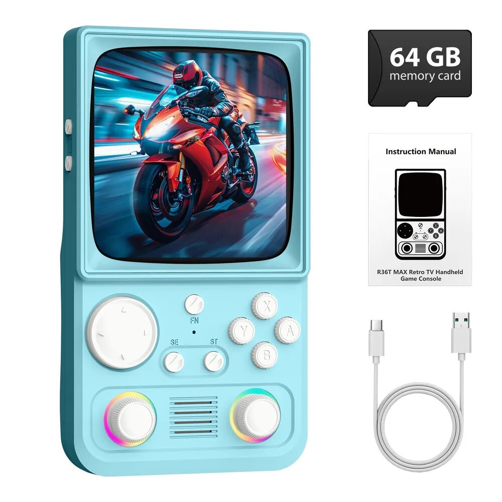 AISLPC Игровая консоль R36T MAX, 4,0-дюймовый ЭЛТ-экран в стиле ретро, 4000 мАч,64G, поддержка Wi-Fi, светло-голубой