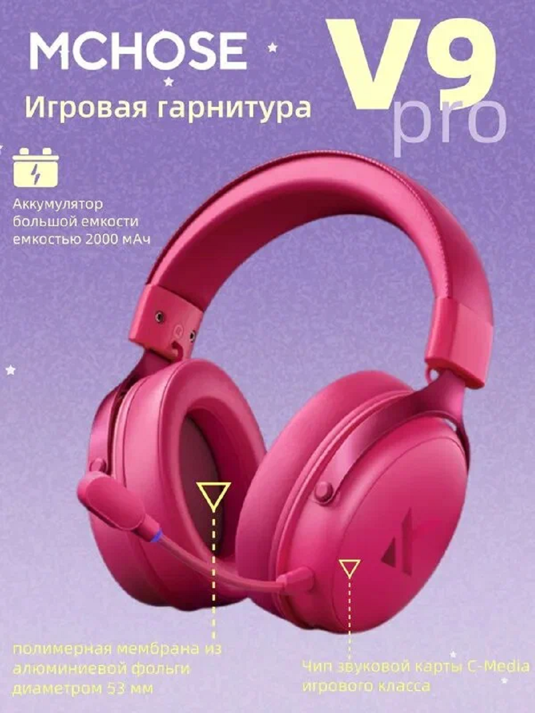 MCHOSE V9 Pro Игровые Наушники Беспроводные 2.4g С Низкой Задержкой, Батареей 2000 МАч И Микрофоном (Pink)