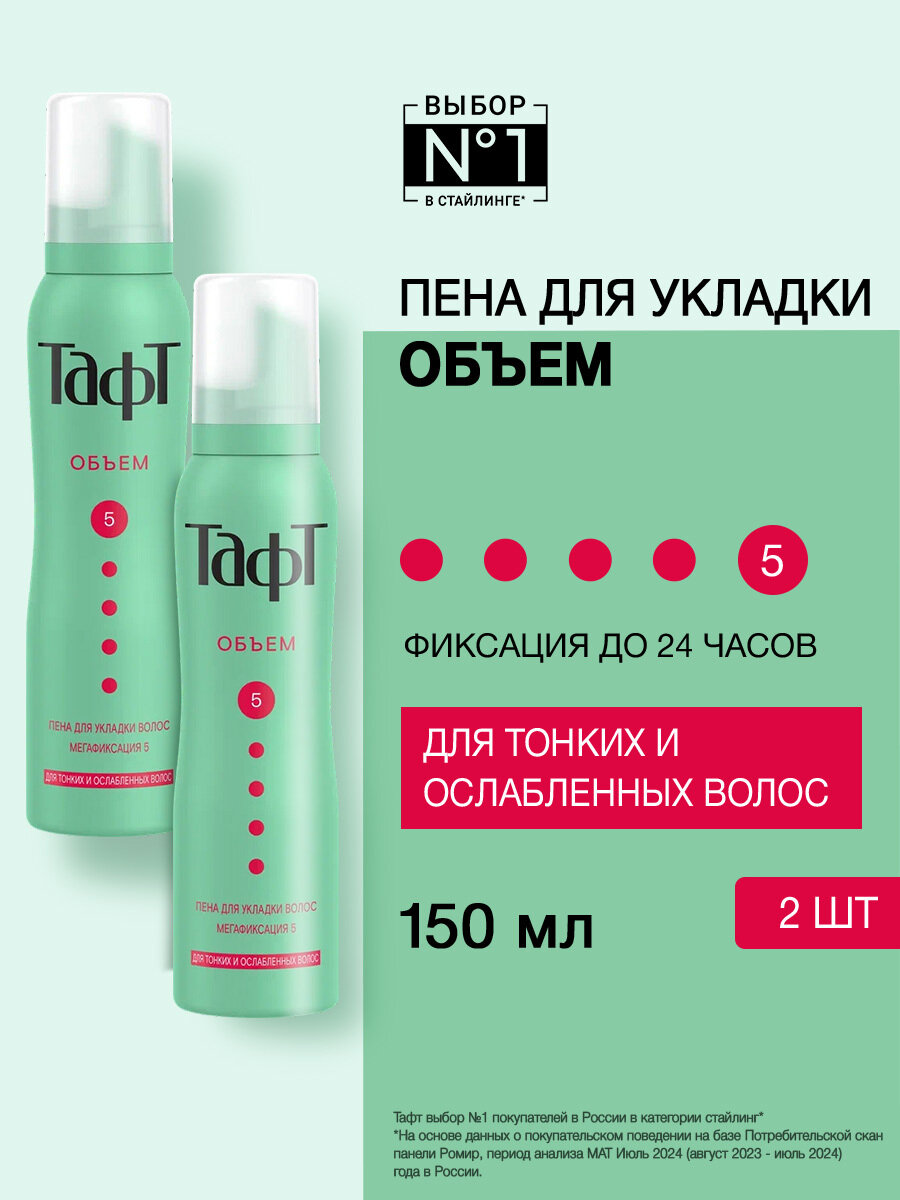 Тафт Пенка для укладки волос Объём мегафиксация, 150 мл, 2 шт (набор)