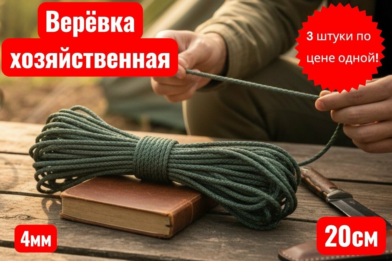 Верёвка/шнур/канат хозяйственный, 20 м, сердечник, универсальная, для рукоделия, бельевая, полипропилен, цвет хаки.