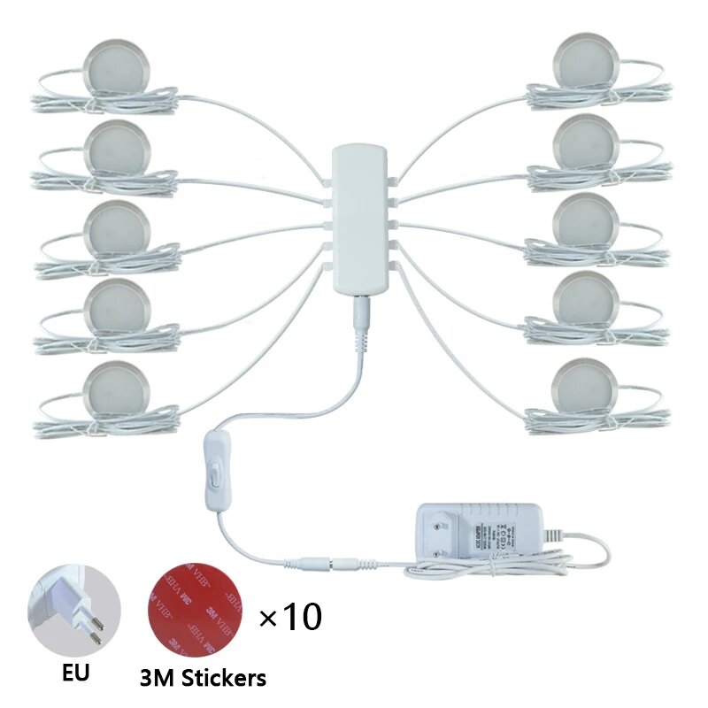 LED лампа под шкаф DC12V 3W 5W круглая подсветка гардероба, шкафов, внутреннее освещение для под кухонным шкафом дома — набор из 10 штук