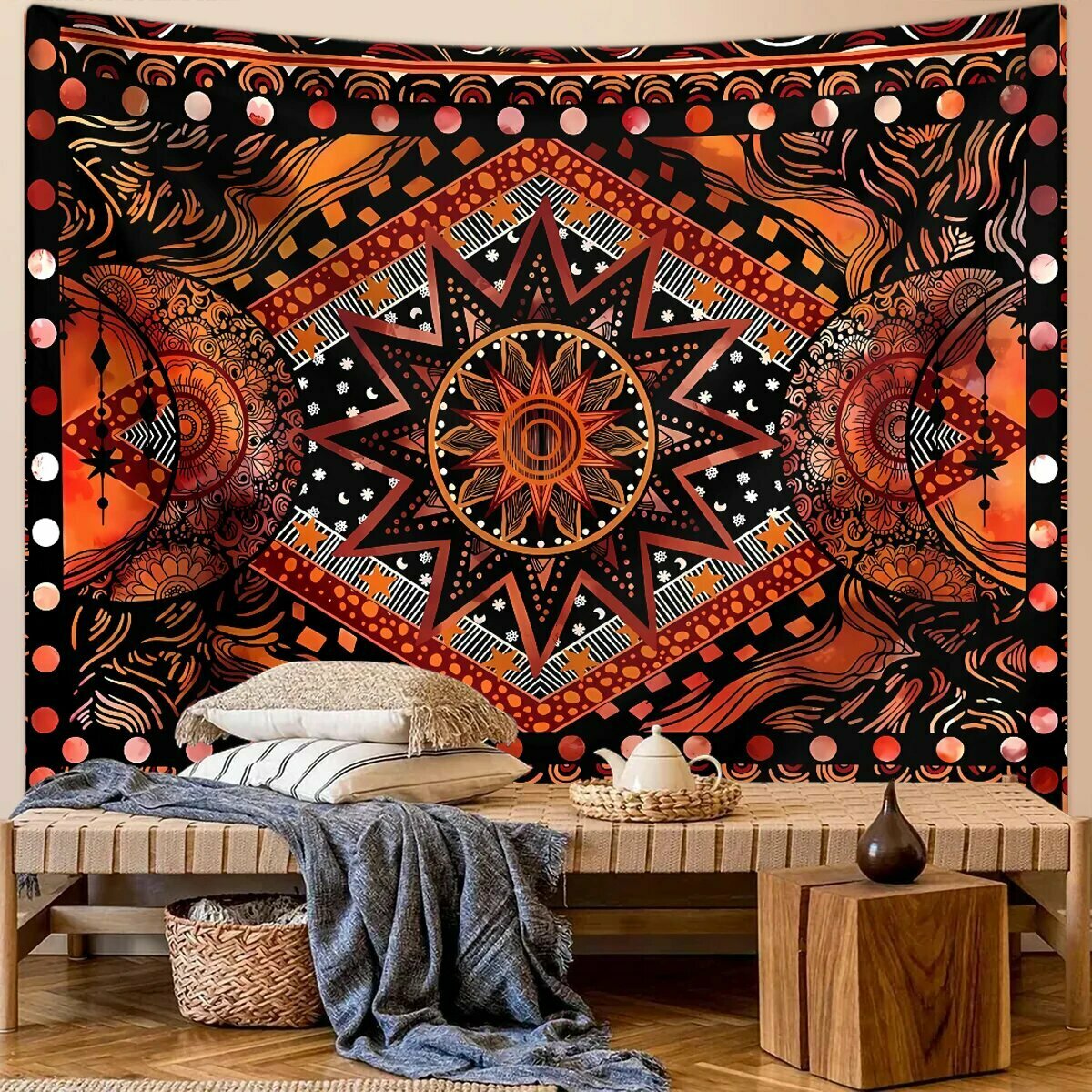 Винтажный гобелен "Солнце и Луна" для стен из полиэстера 100x150cm