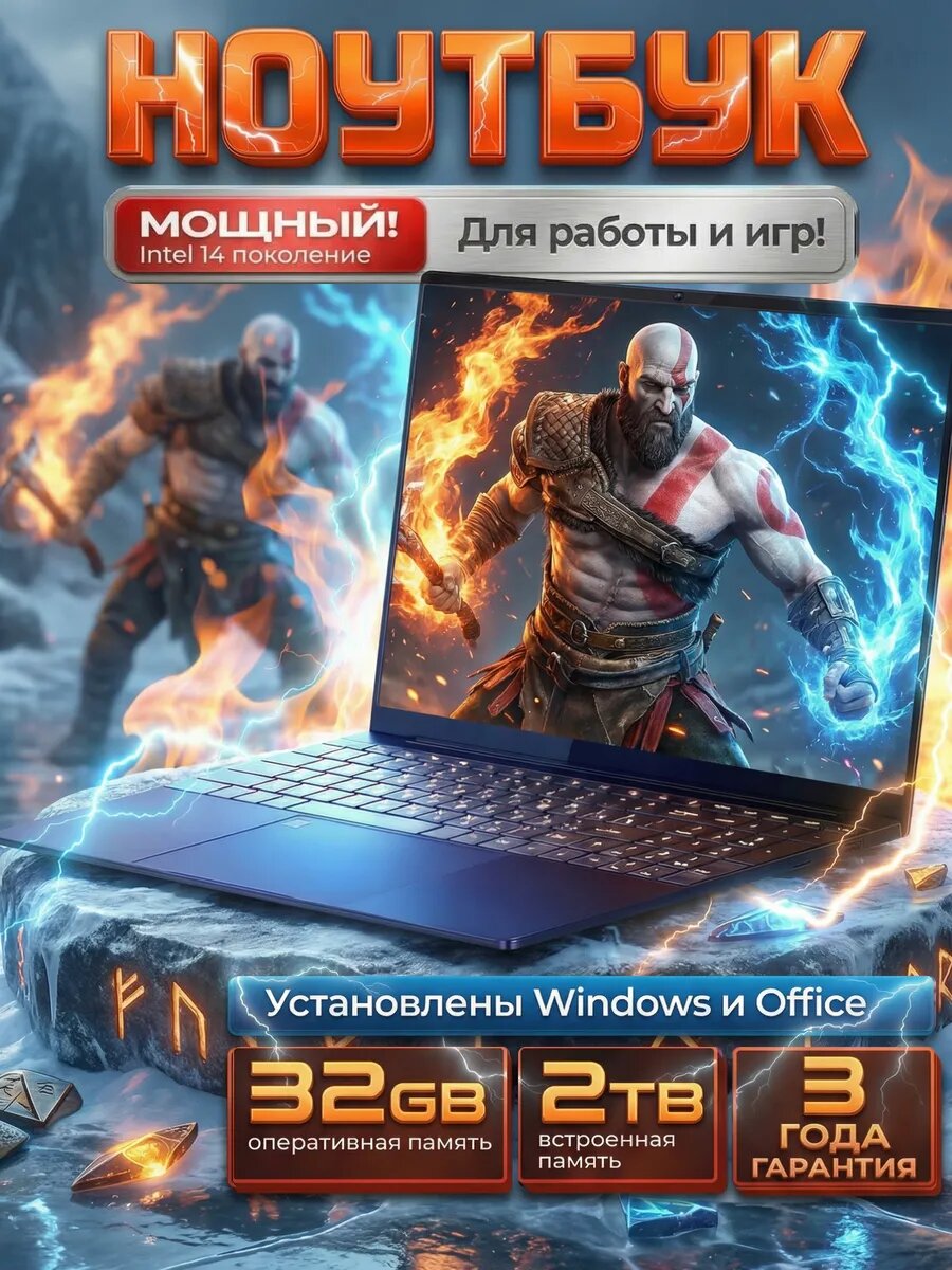 Ноутбук игровой 2026 Intel H-series, RAM 32GB, SSD 2048GB, IPS + Windows, Office