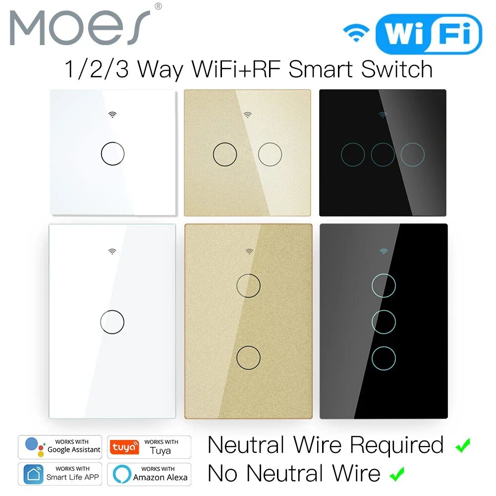 MOES WiFi выключатель света 1-ганг, белый, 220V US L Wire