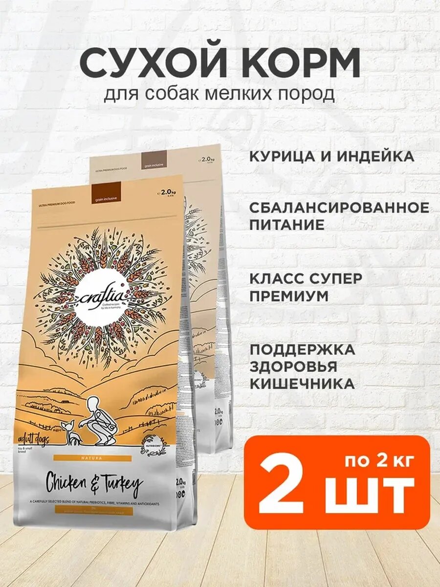 Корм сухой Craftia Natura Adult Dog Toy&Small Breed Chicken&Turkey мелких собак с курицей и индейкой, 2 кг х 2 шт