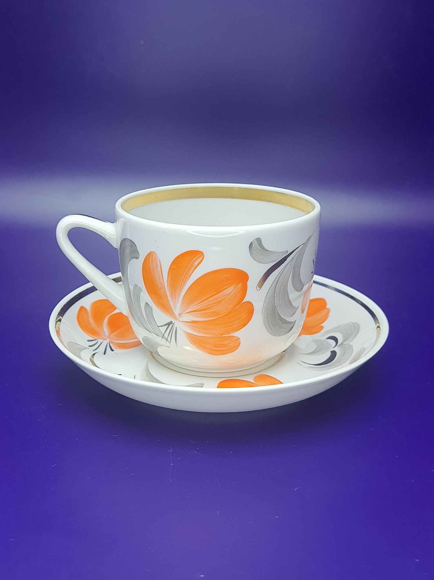 Винтажная чайная пара Ноготки, ручная роспись, Вербилки, СССР 70е