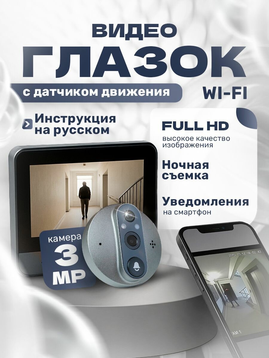Видеоглазок для входной двери WIFI Tuya Smart Life и датчиком движения / умный глазок с камерой