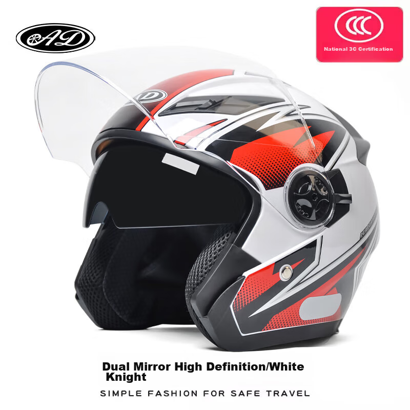 AD3C Certified Motorcycle Helmet for Men And Women, Electric Scooter Safety Helmet, All-Season Electric Vehicle Half Helmet, Winter Motorcycle Helmet, 166 White Knight with Flashing Tail Light And Clear Visor