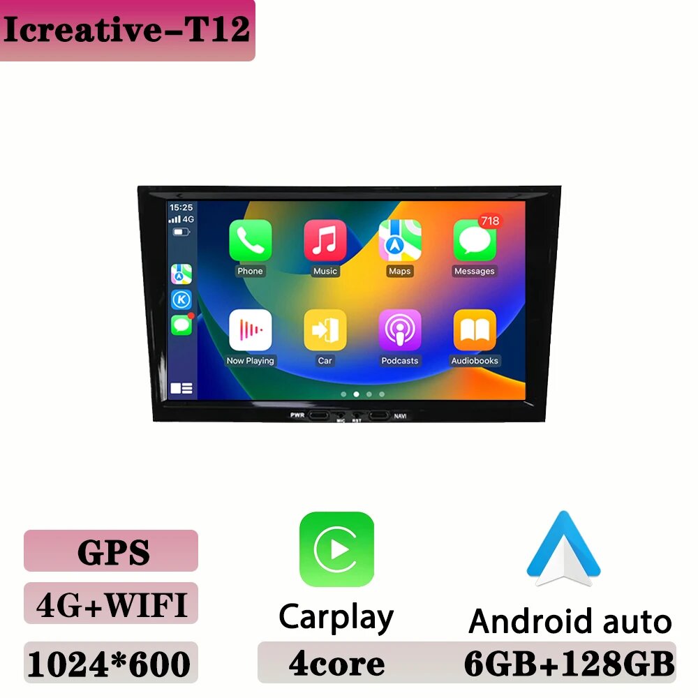 Android автомагнитола 1024*600, Carplay, Android auto, 6GB+128GB, GPS, 4G+WiFi, BK