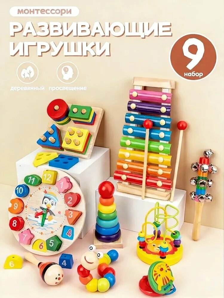 Развивающие игрушки для малышей от 1 года, набор сортер для монтессори игрушки 9 в 1, деревянные