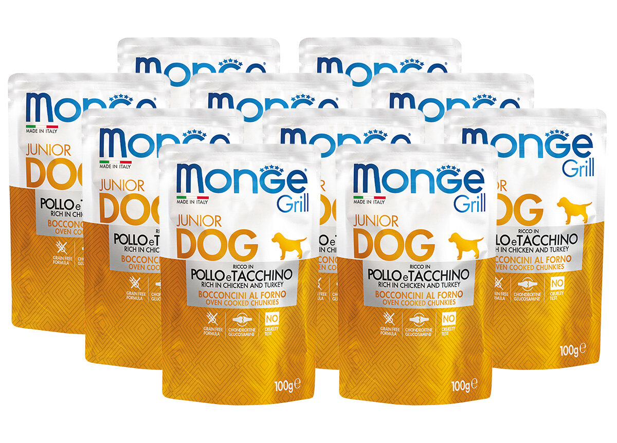 Корм влажный Monge Grill Pouch Puppy & Junior для щенков с курицей и индейкой пауч, 100 г 10 шт