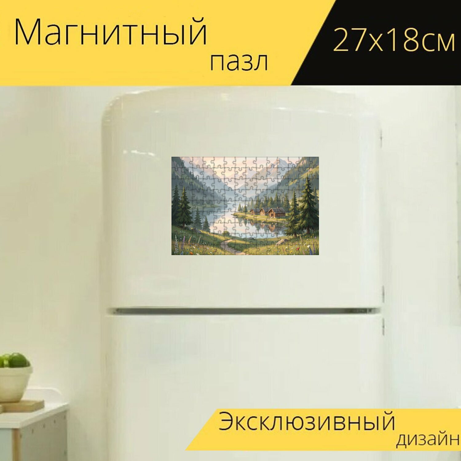 Магнитный пазл "Горная долина с озером и домиками. Живописный альпийский вид: спокойная водная гладь, хвойный лес, снежные вершины, деревянные домики у." на холодильник 27 x 18 см.
