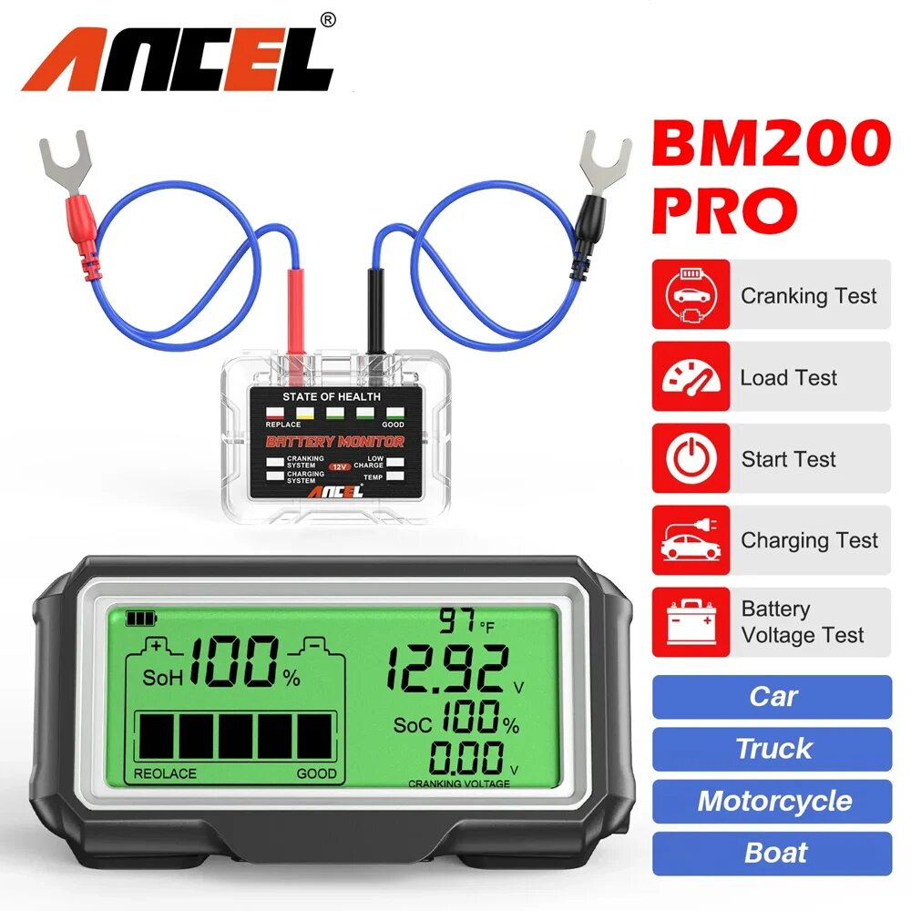 ANCEL BM200 PRO 12 В светодиодный тестер автомобильного аккумулятора монитор проекционный дисплей водонепроницаемый SOH SOC зарядка аккумулятора анализатор емкости инструменты